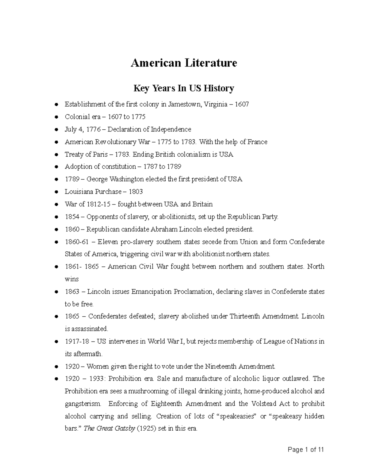 American Literature Timeline & Transcendentalism Overview - Studocu