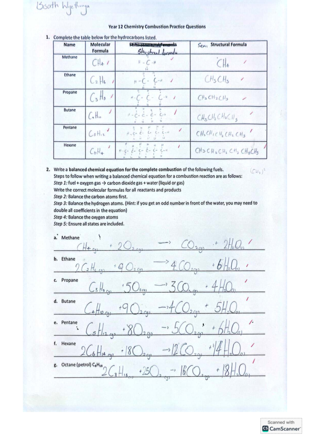 Year 12 Chemistry (Chem 12) Combustion Practice Questions - Studocu