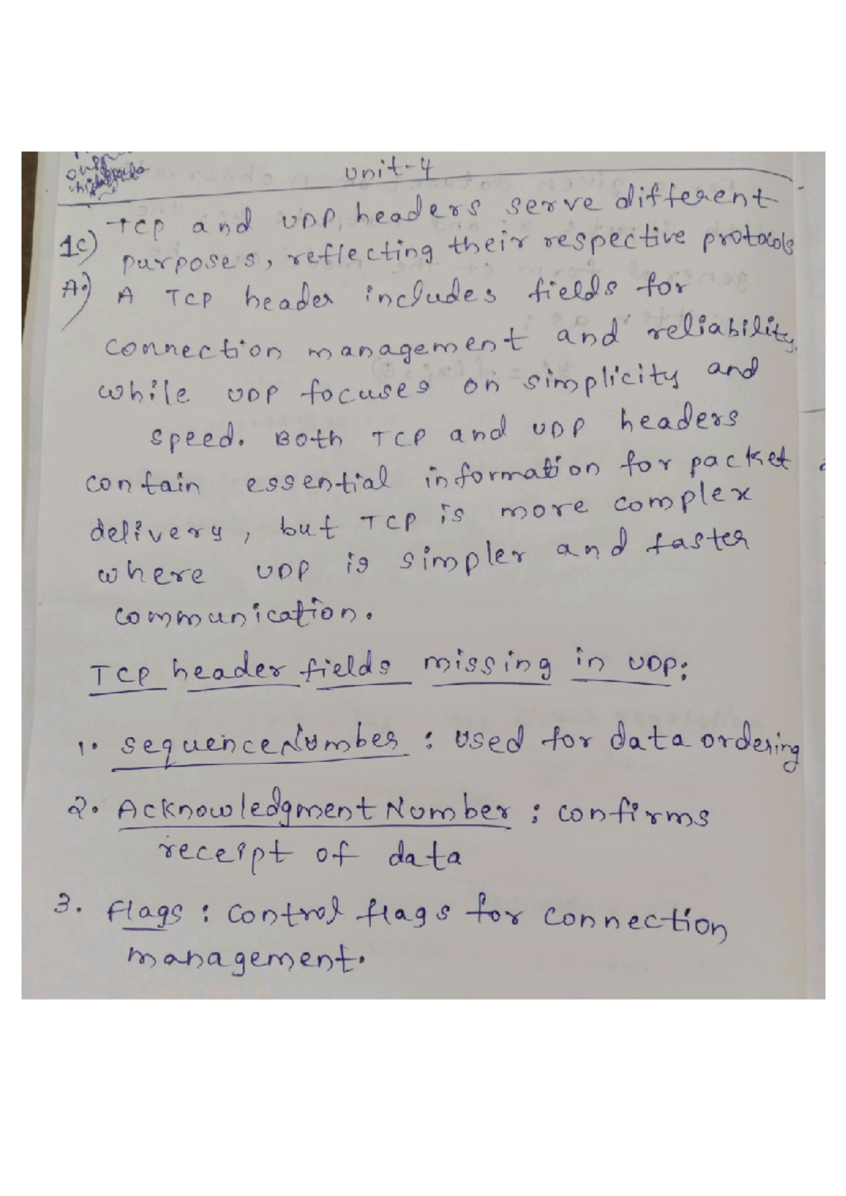 Dccn unit 4 - It is good - unit 4 TCP and UDP headers serve different 1c) purposes, reflecting ...