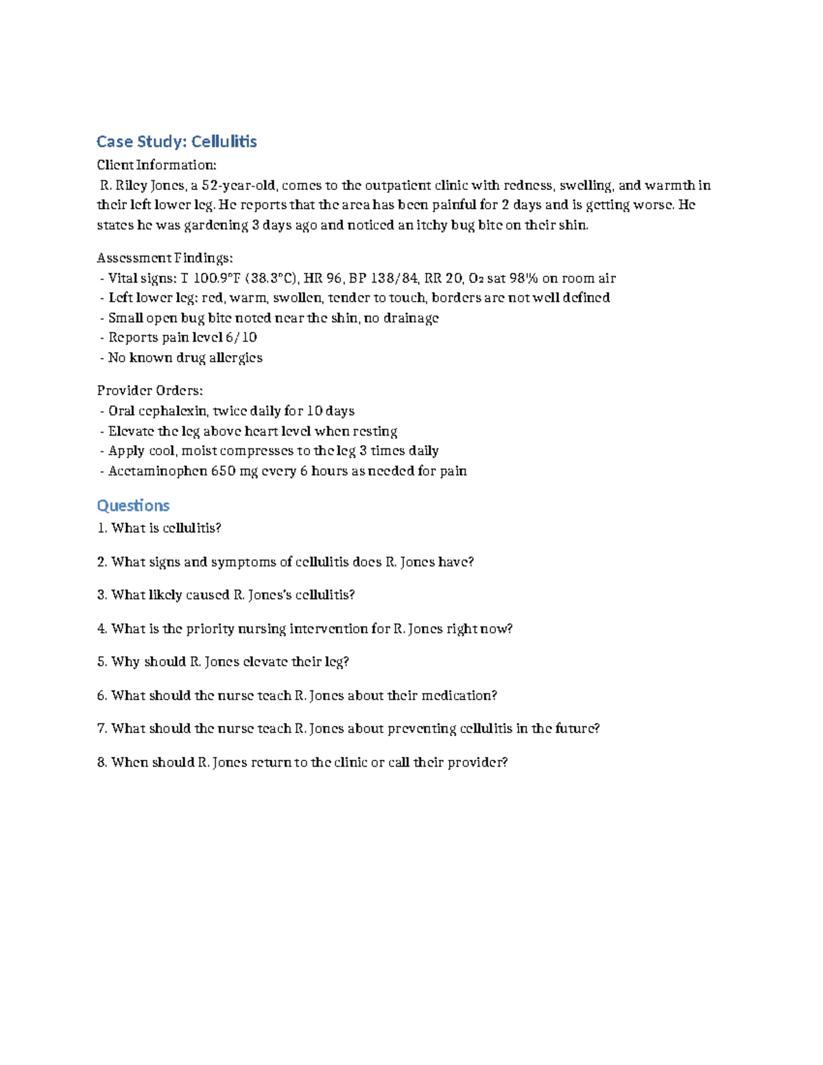 Case Study: Cellulitis Client Info & Nursing Questions (NUR 101) - Studocu