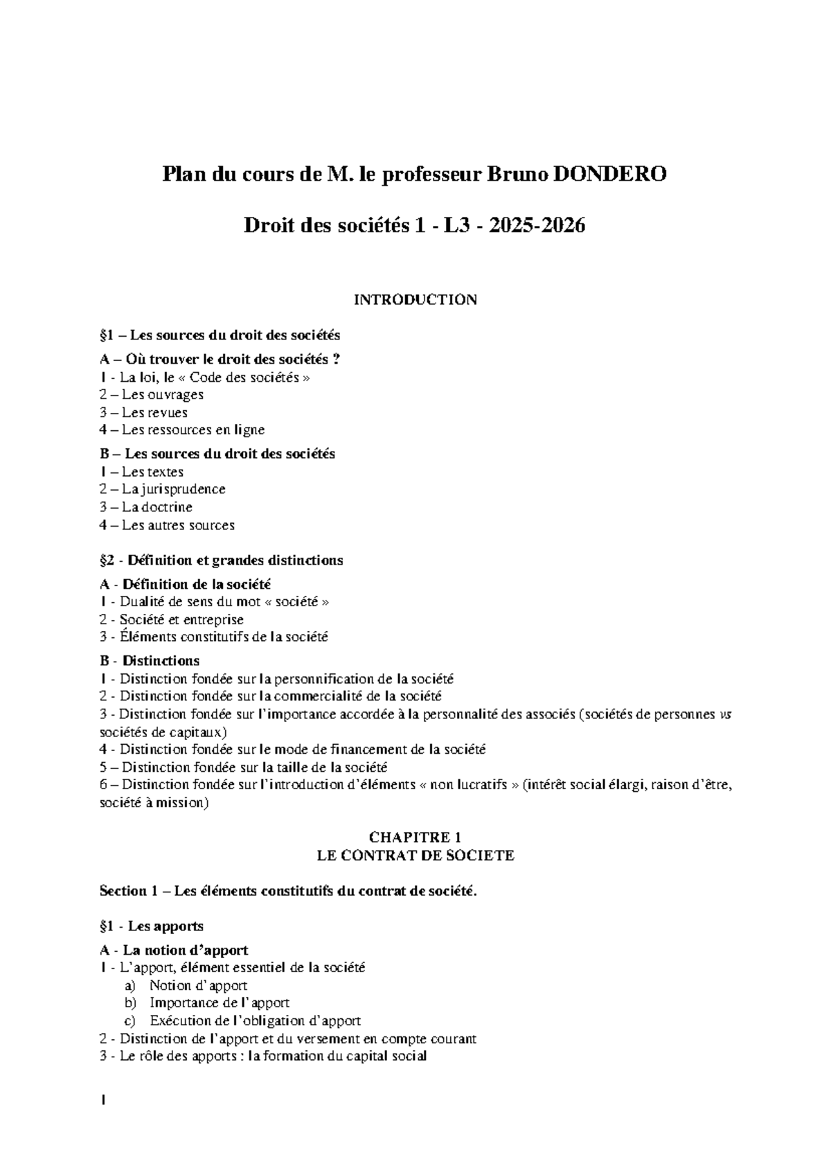 Plan de Cours Droit des Sociétés I 2025-2026 - Bruno Dondero - Studocu