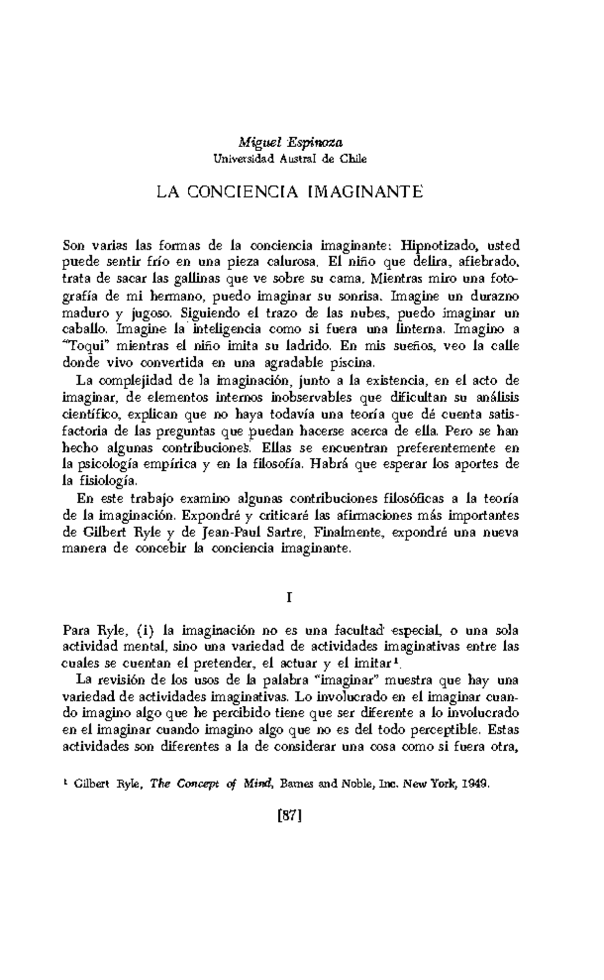 LA CONCIENCIA IMAGINANTE: Análisis Filosófico de Ryle y Sartre - Studocu