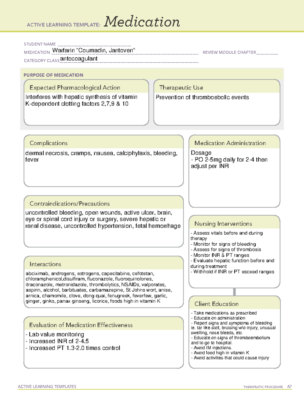 ATI Warfarin Medication Template: Active Learning Guide - Studocu