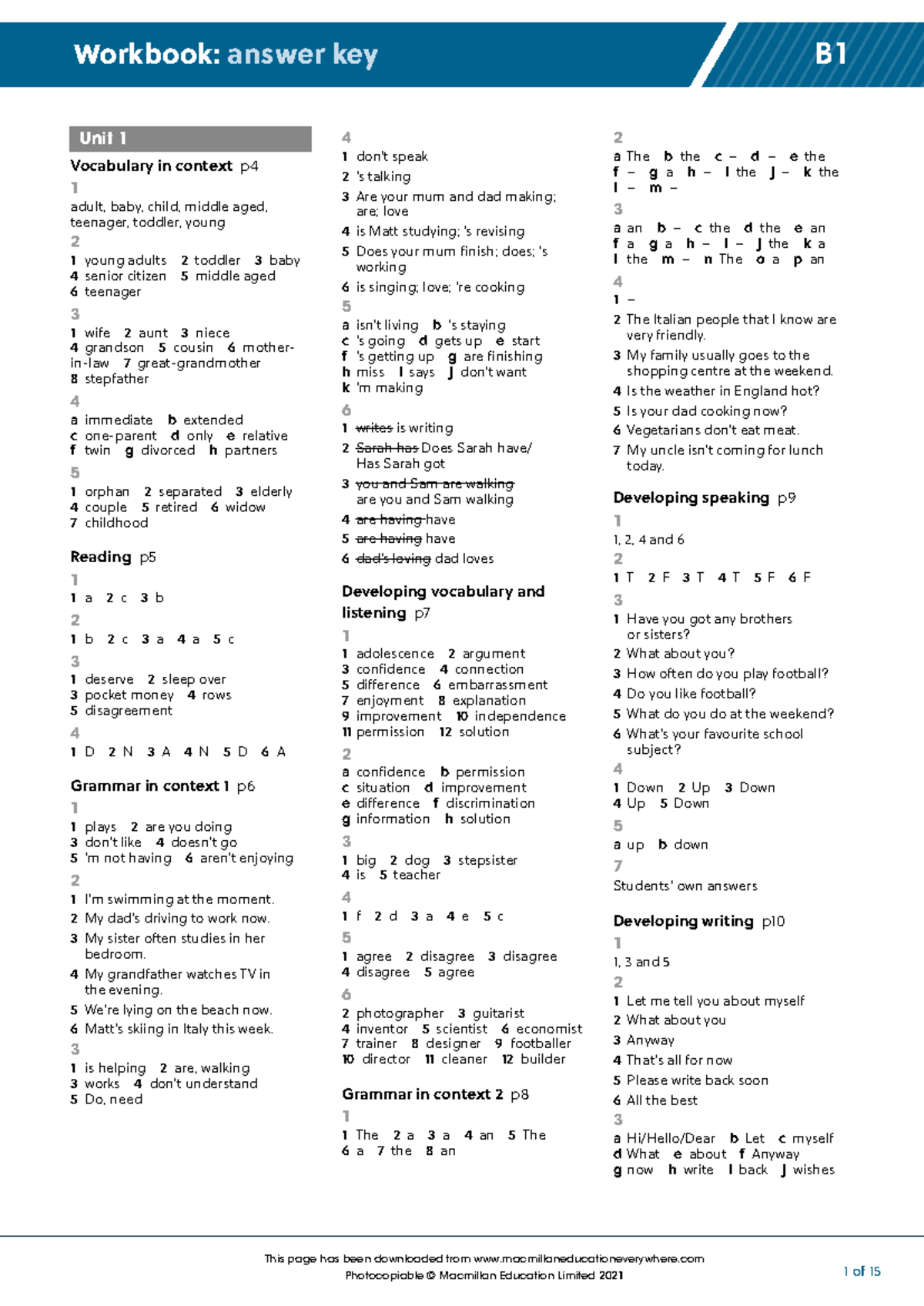 Gateway to the World B1 Workbook Answer Key - Unit 1 & Unit 2 - Studocu