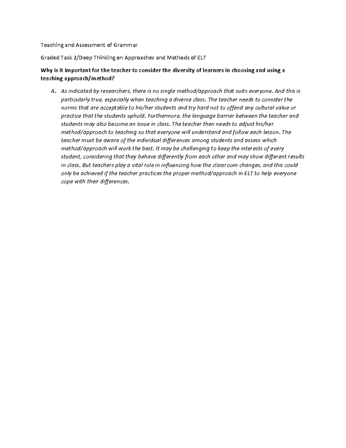 Teaching and Assessment of Grammar Graded Task 2 - As indicated by ...