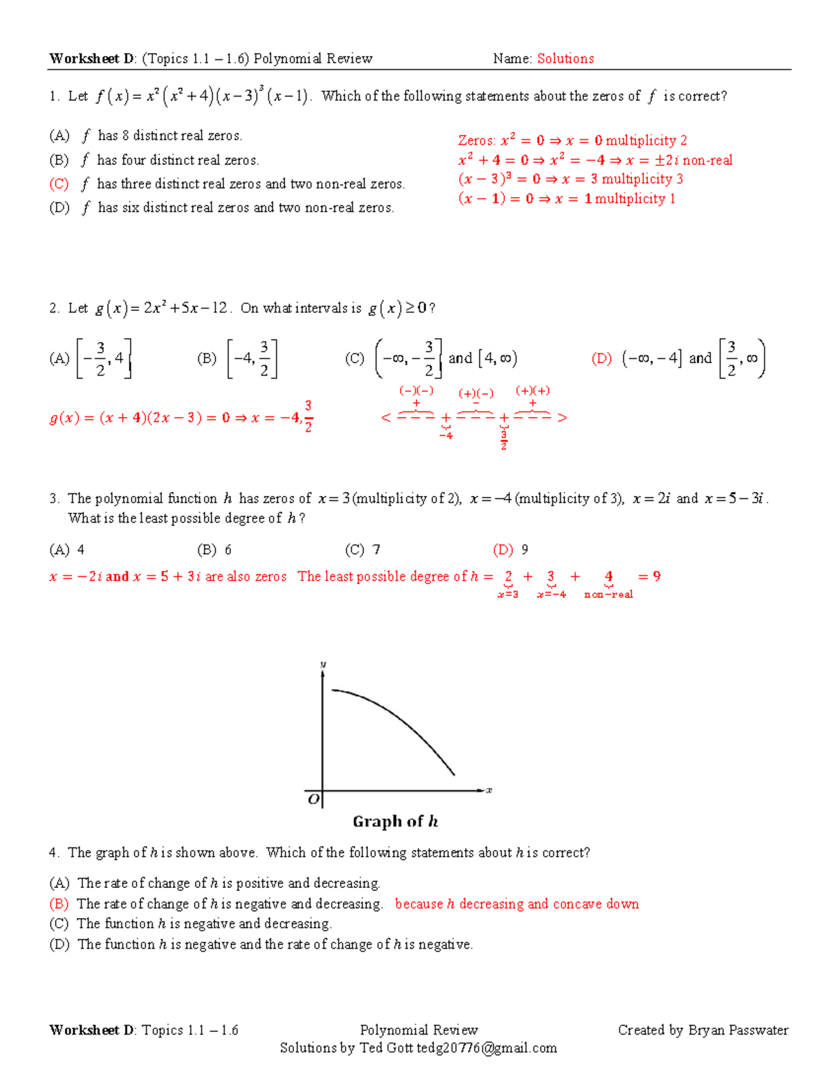 Worksheet D Key: Topics 1.1 - 1.6 Polynomial Review Solutions - Studocu
