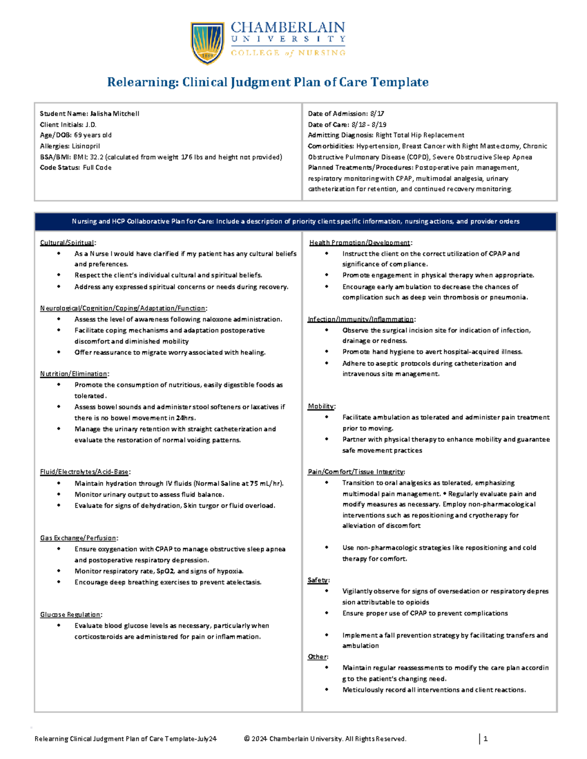 Nursing Care Plan for CJSim™ Case Study: Right Total Hip Replacement ...