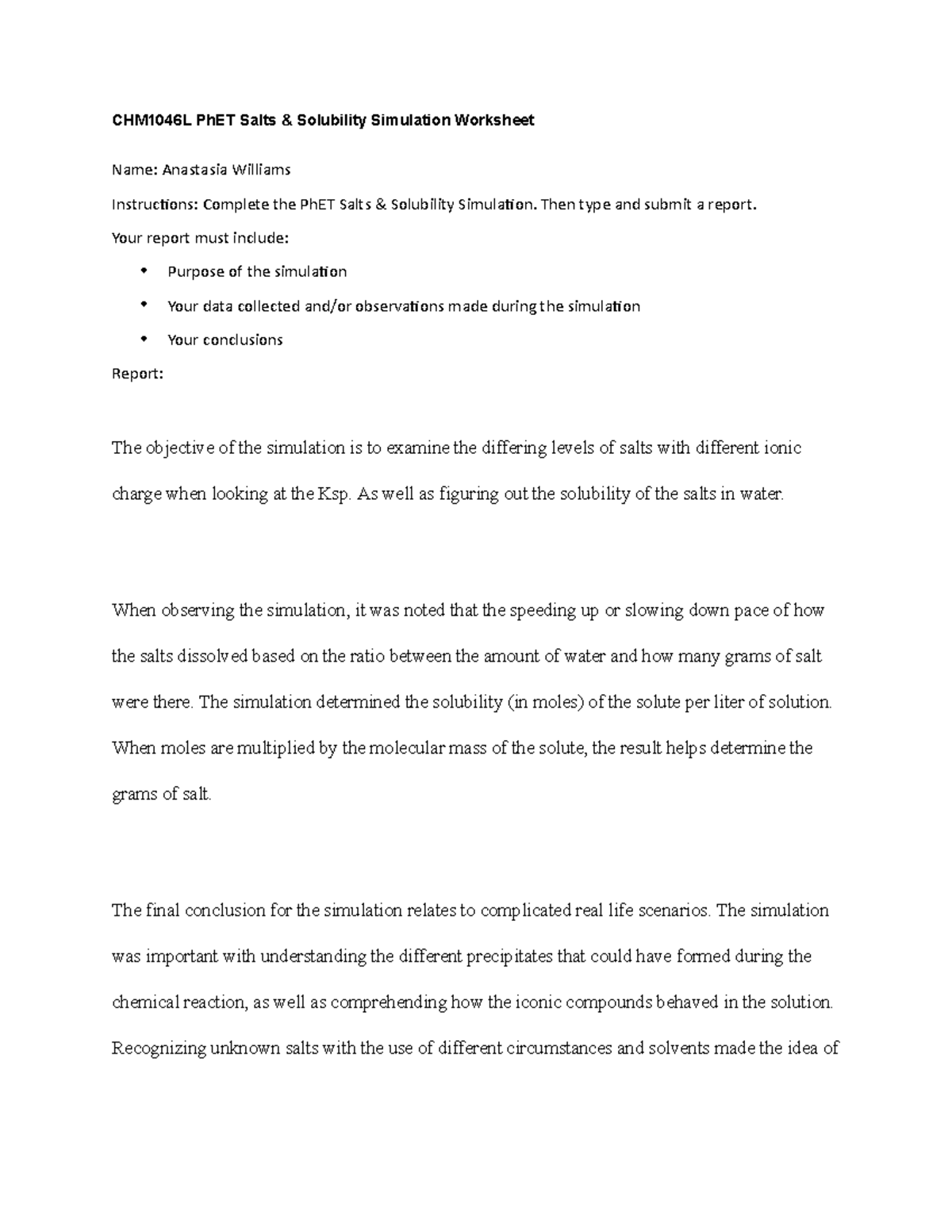 CHM1046L PhET Simulation Worksheet on Salts and Solubility Analysis ...