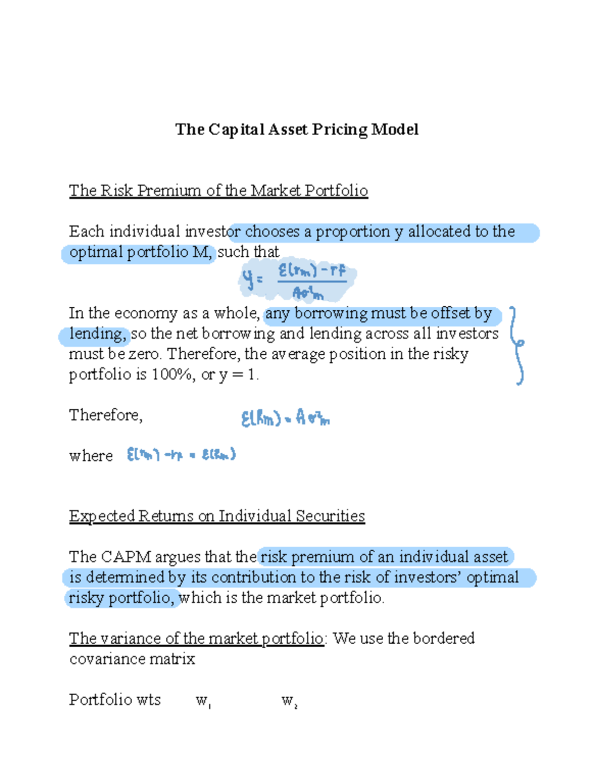 Derivation of CAPM - The Capital Asset Pricing Model The Risk Premium ...