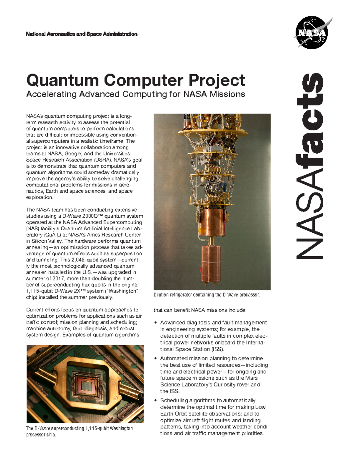 NASA Quantum Computer Project Fact Sheet (Fall 2017) - Studocu