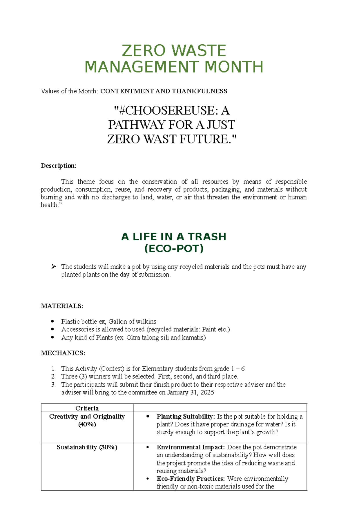 ZERO WASTE MANAGEMENT MONTH: A Proposal for Jan Activities - Studocu