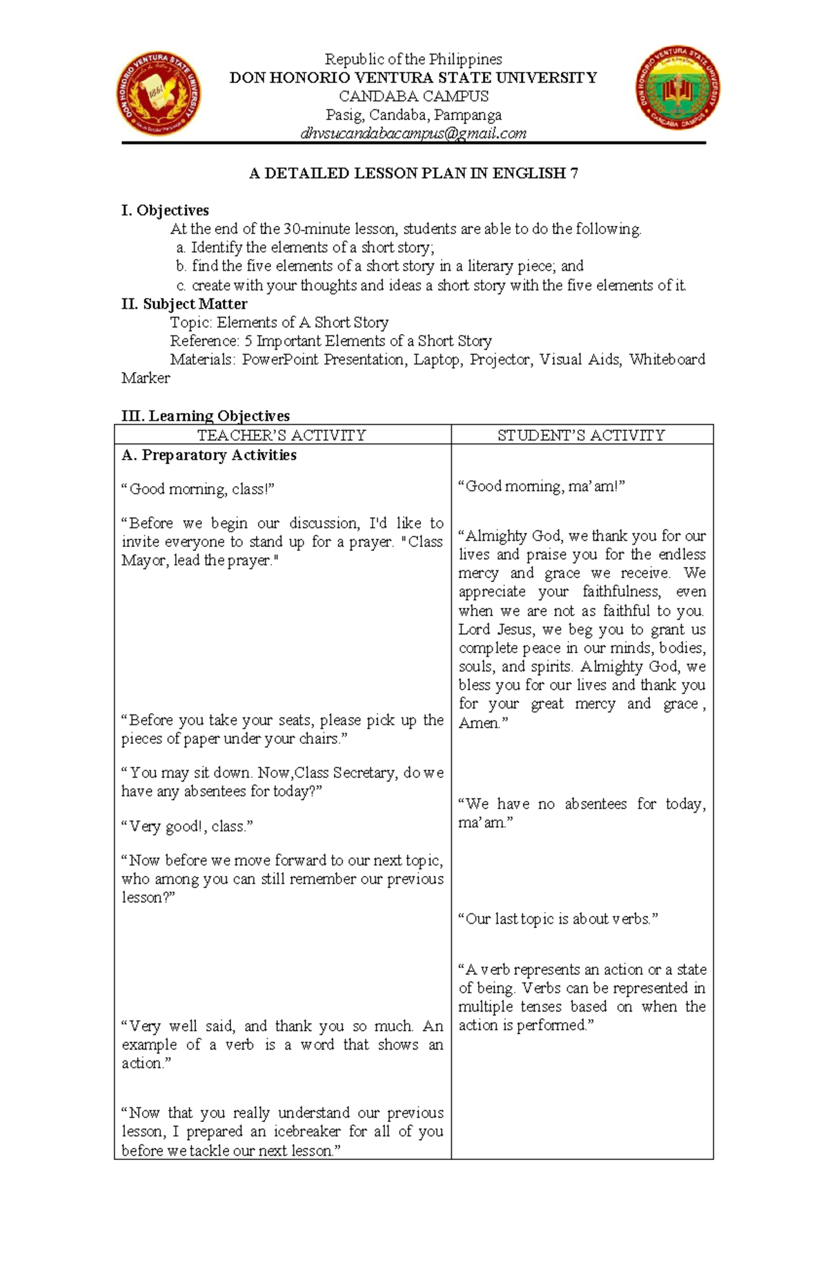 A Detailed Lesson Plan on Short Story Elements (ENGLISH 7) - Studocu