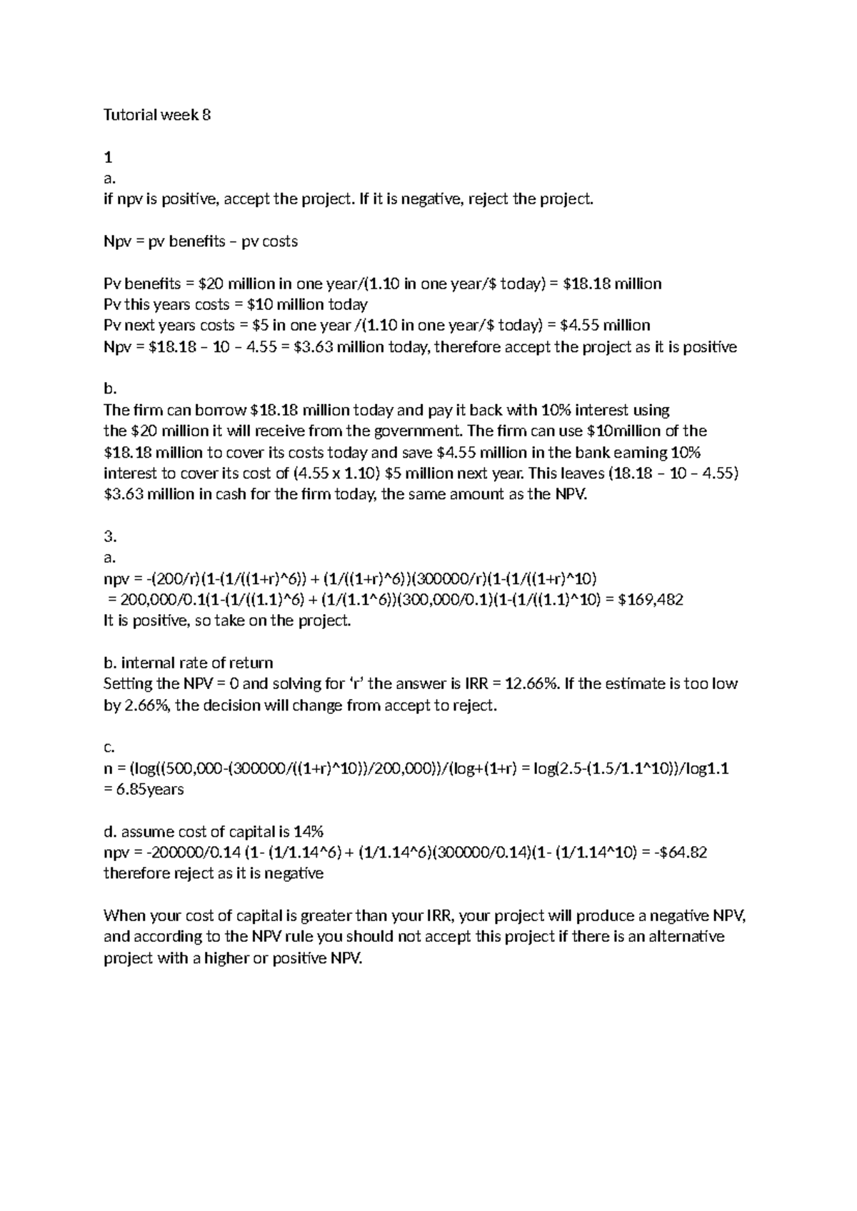 Tutorial Week 8: NPV Analysis and Project Evaluation - Studocu