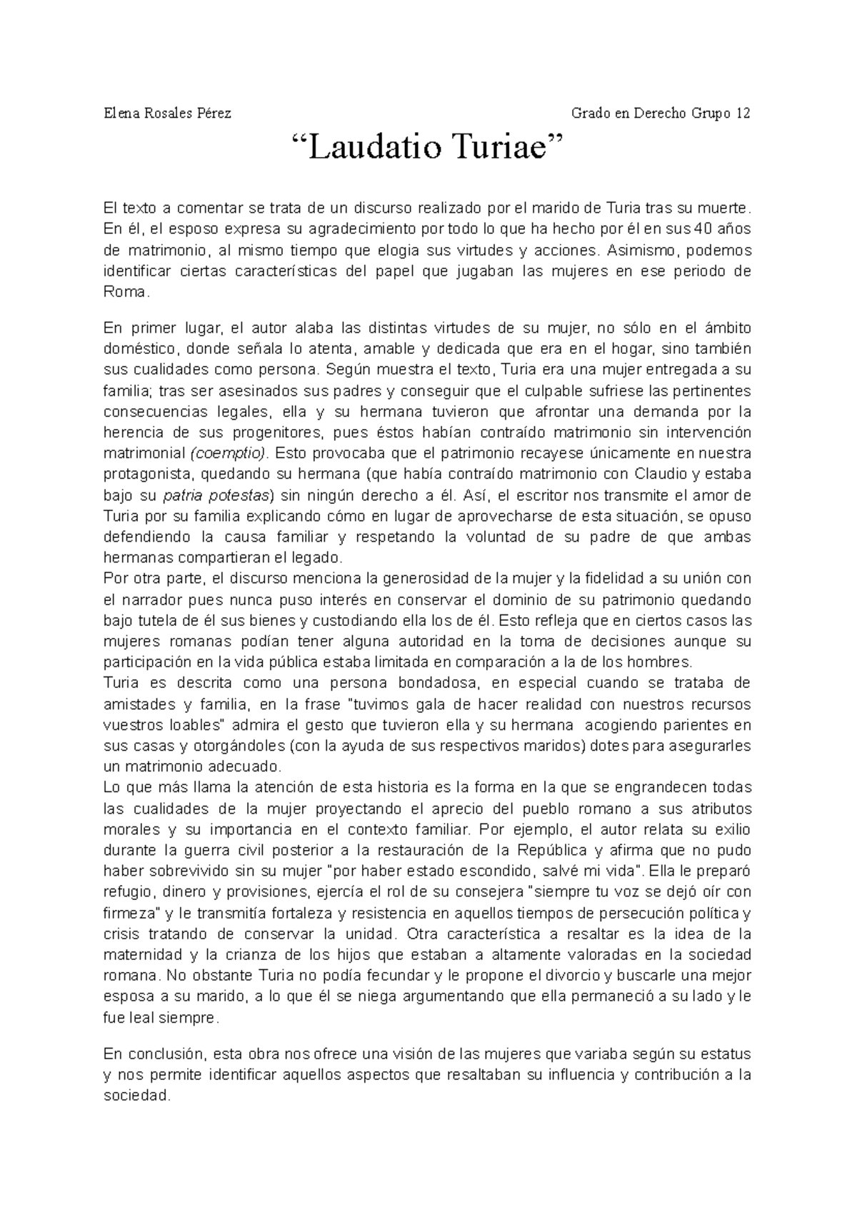 Práctica Romano- Laudatio Turiae - Elena Rosales Pérez Grado en Derecho ...