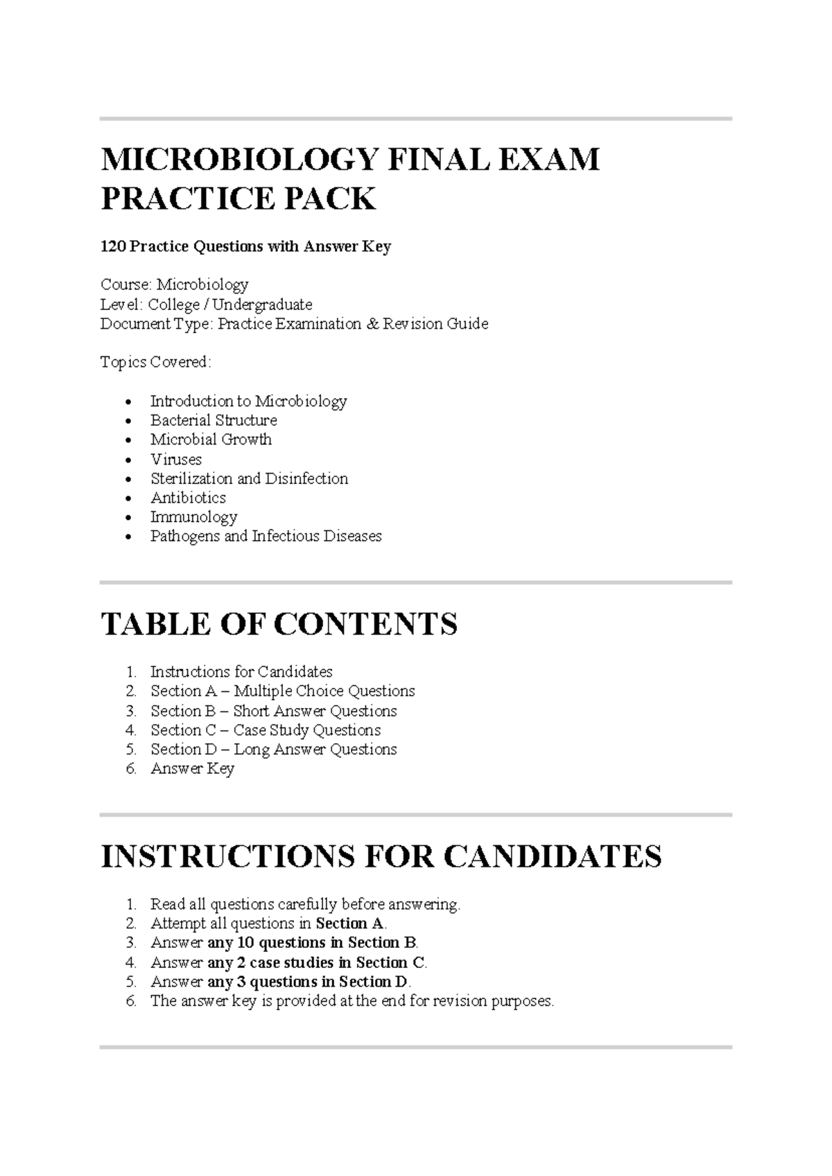 MICROBIOLOGY FINAL EXAM PRACTICE: 120 Qs & Answer Key - Studocu