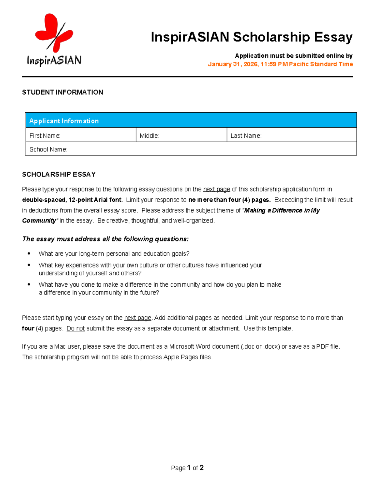 2026 InspirASIAN Scholarship Essay Application Guidelines - Studocu