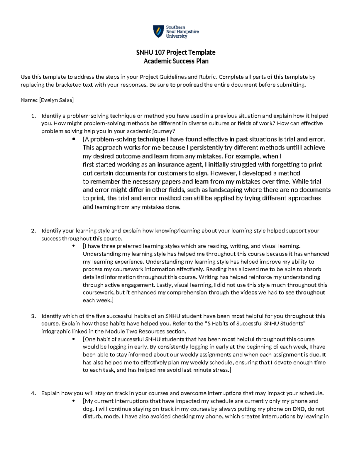 SNHU 107 Project - SNHU 107 Project Template Academic Success Plan Use ...