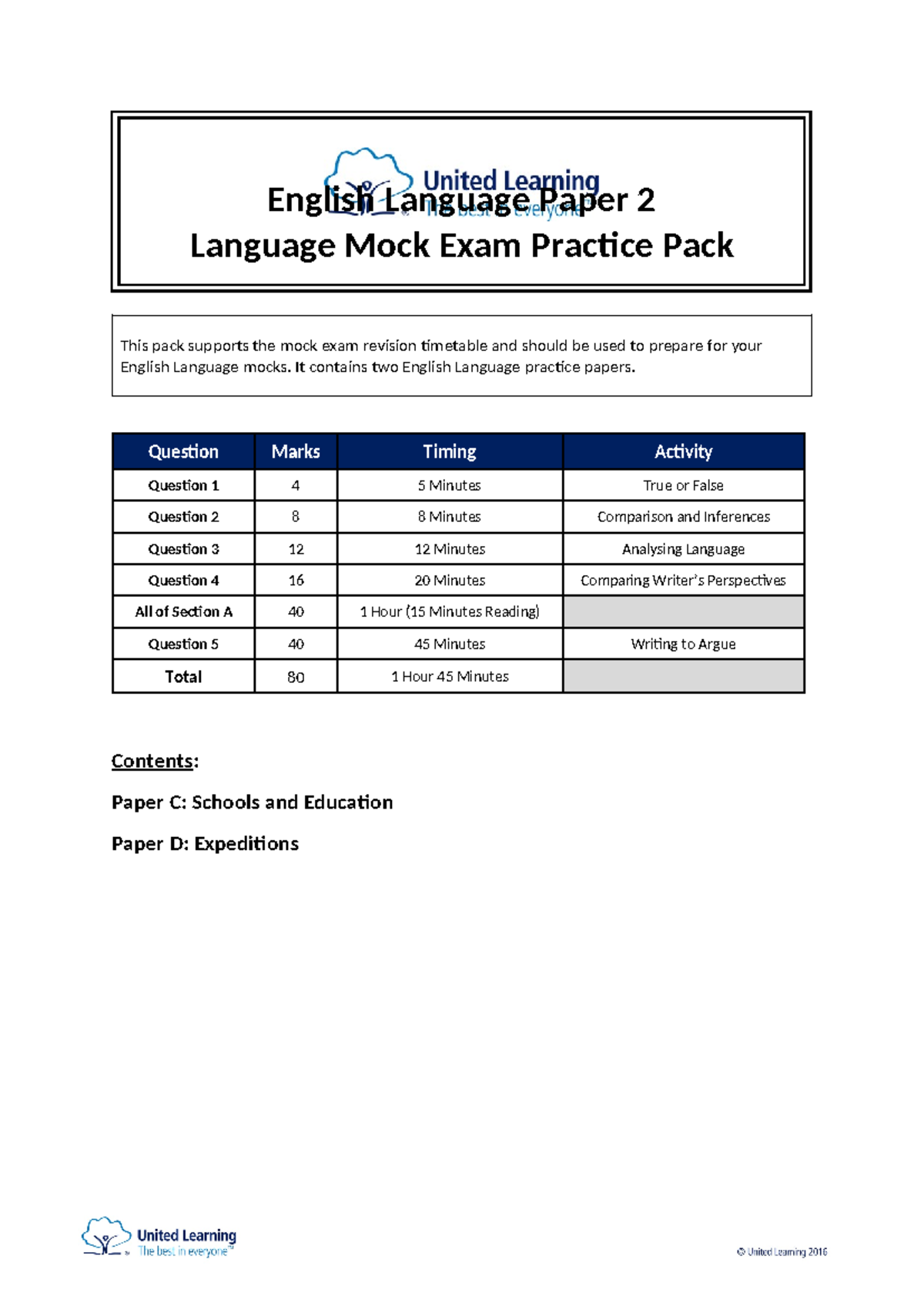 UL AQA Language Paper 2 Mock Exam Practice Pack and Revision Notes ...