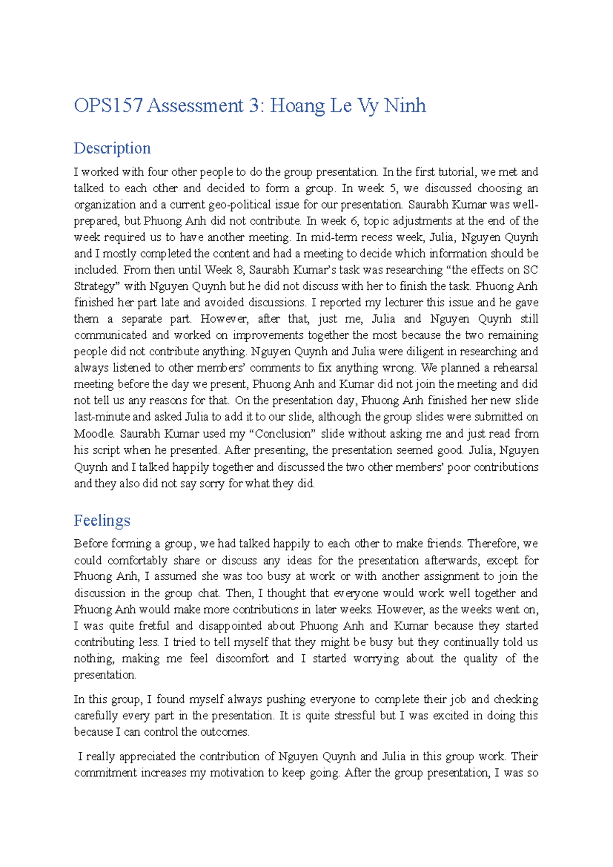 OPS157 Assessment 3: Group Presentation Reflection Essay - Studocu