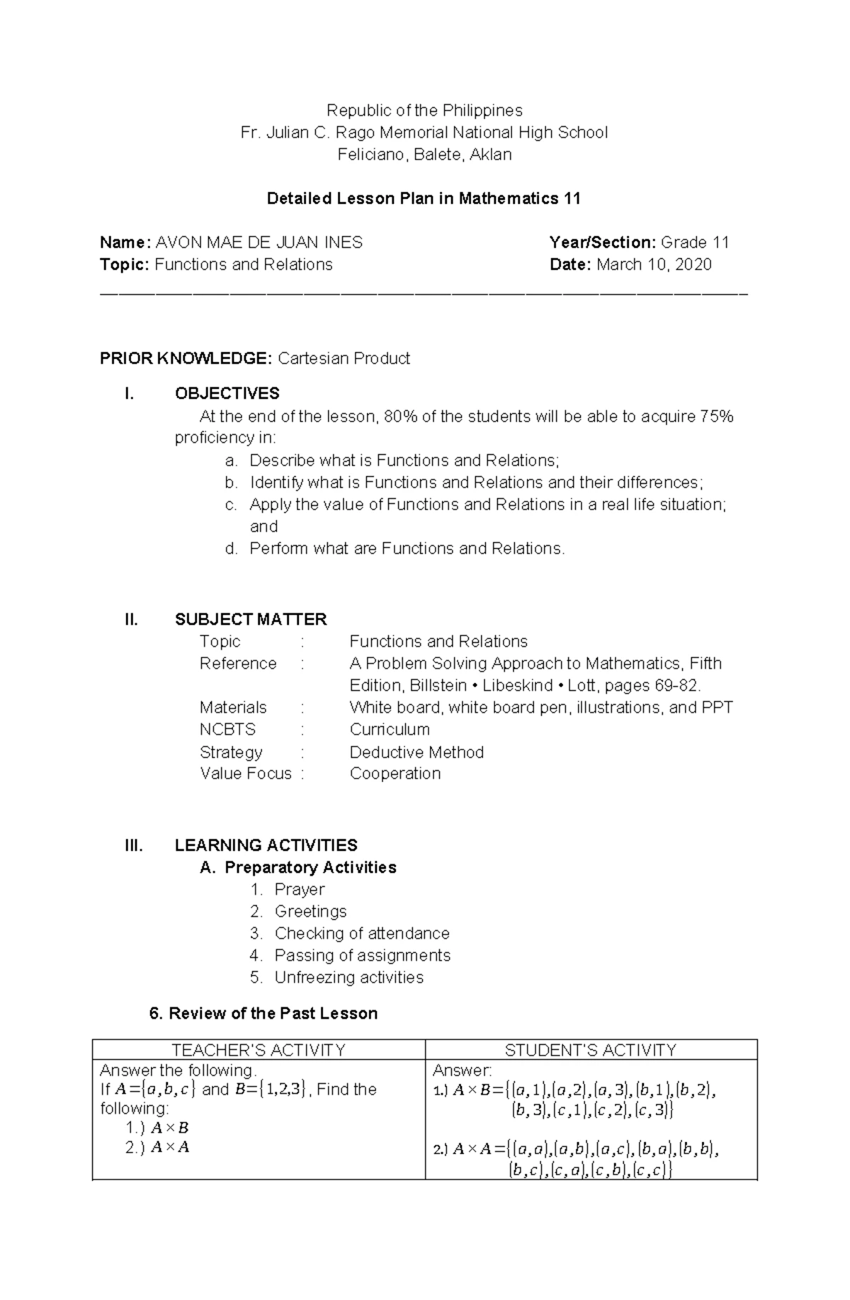 MAT11 - Lesson Plan: Probability Distribution of Discrete Random ...
