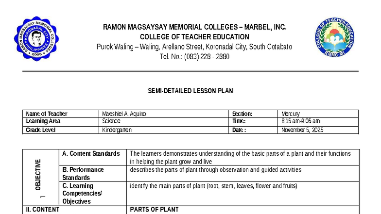 KINDERGARTEN SCIENCE LESSON PLAN: PARTS OF A PLANT (DEMO 4) - Studocu
