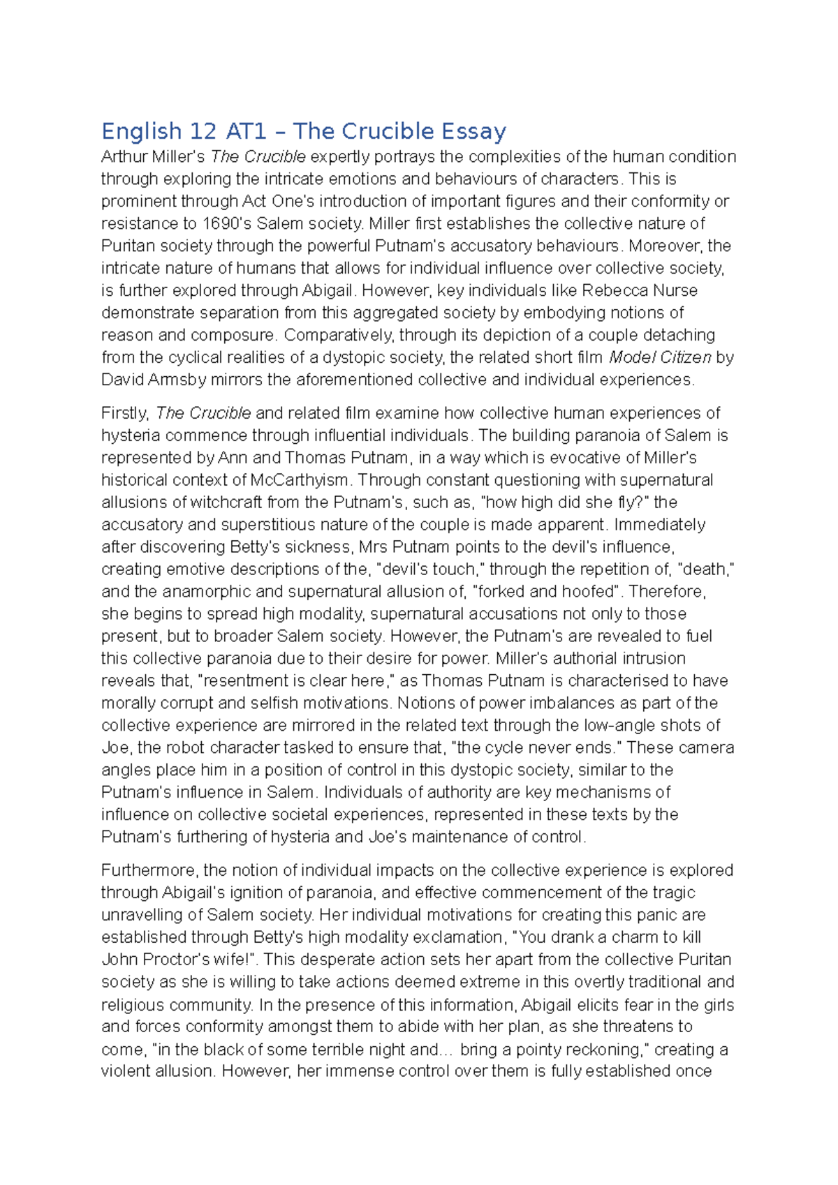 English 12 AT1 – The Crucible Essay Studocu - English 12 AT1 – The Crucible Essay Arthur Miller ...