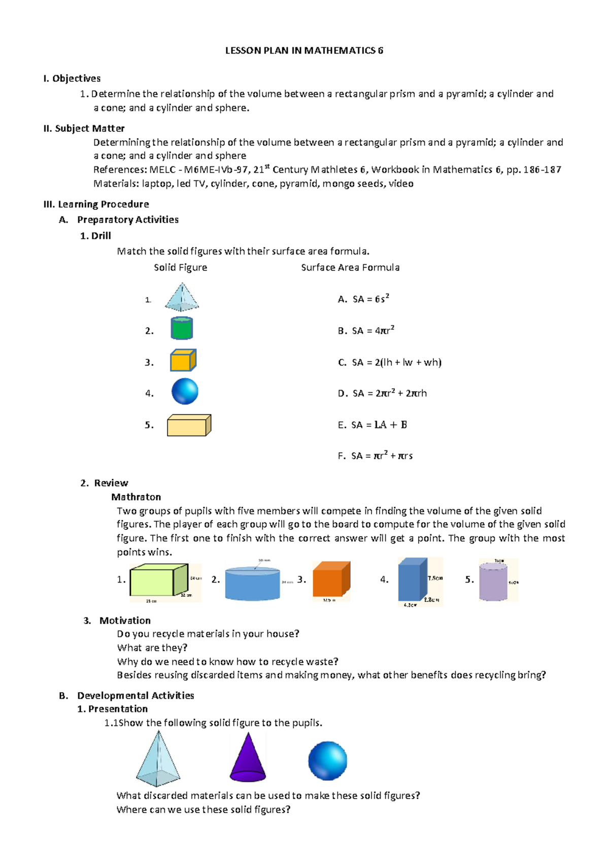 Lesson Plan: Volume Relationships of Solids in Mathematics 6 - Studocu