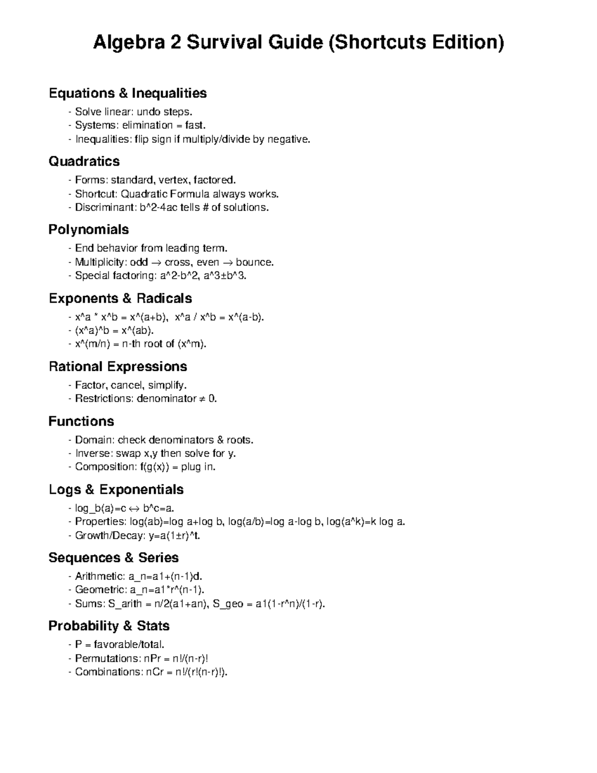 Algebra 2 Survival Guide (Shortcuts Edition): Key Concepts & Equations ...