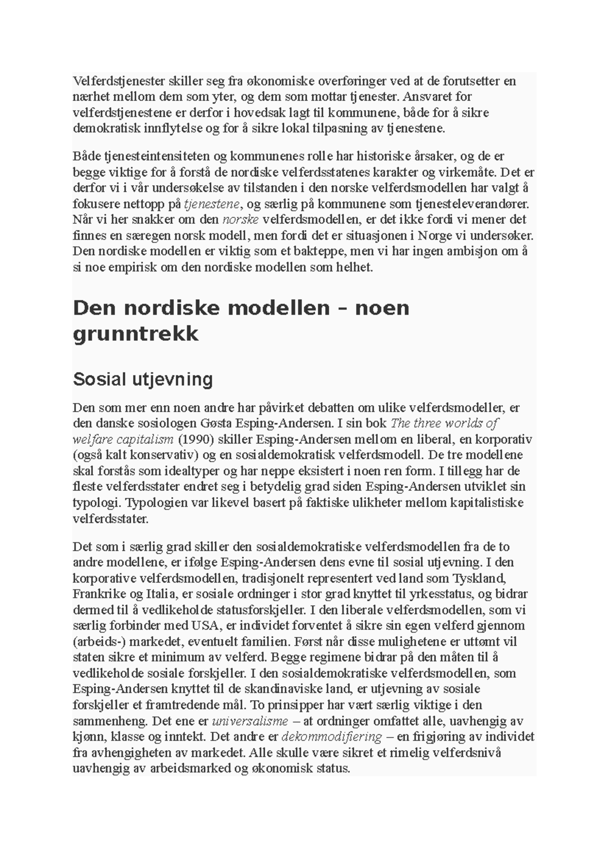 Esping-Andersen Velferdsmodellen Sammendrag - DEL 15 - Studocu