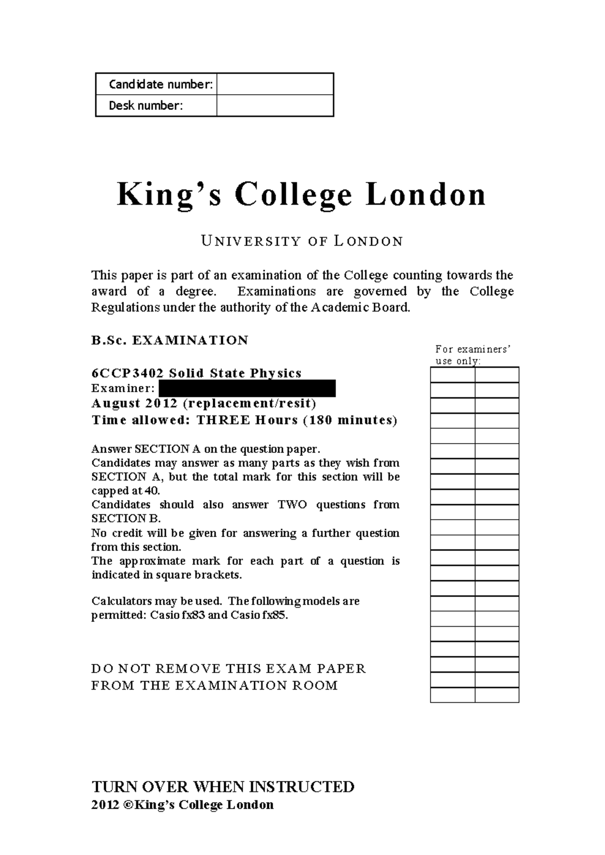 6CCP3402 Solid State Physics Resit Exam - August 2012 - Studocu