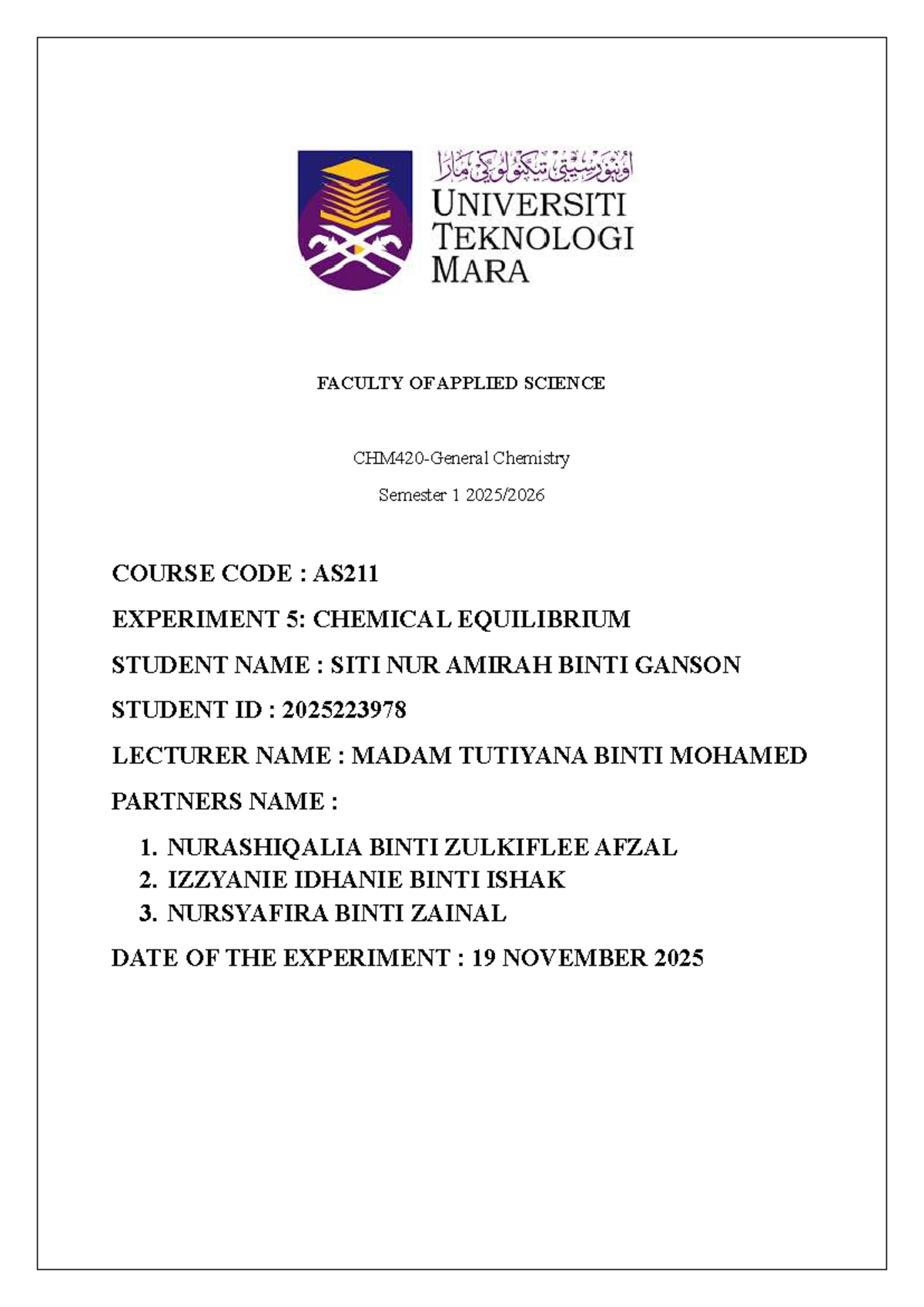 LAB Report AS211: Chemical Equilibrium Experiment 5 - Studocu