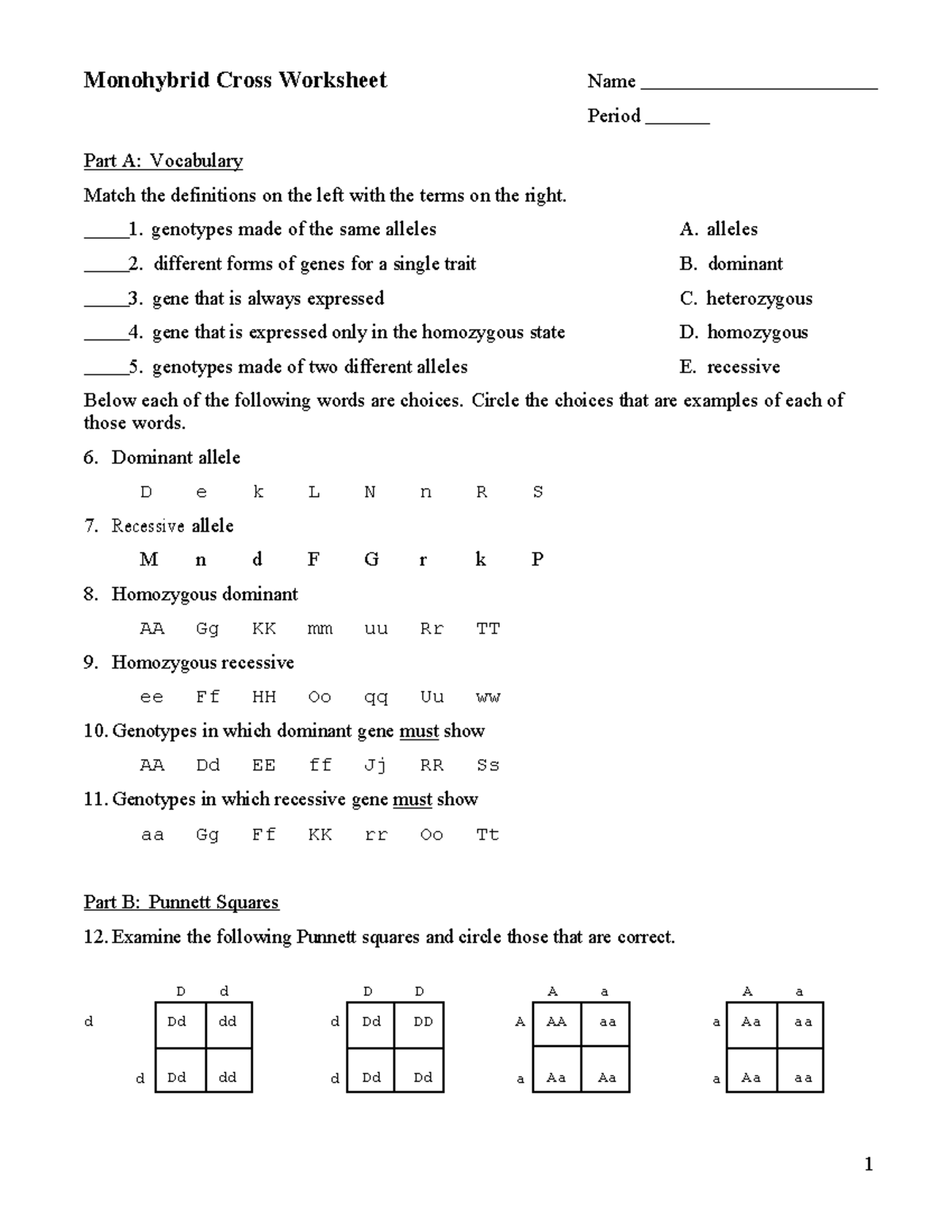 Monohybrid Cross Worksheet (Genetics) - Vocabulary & Punnett Squares ...