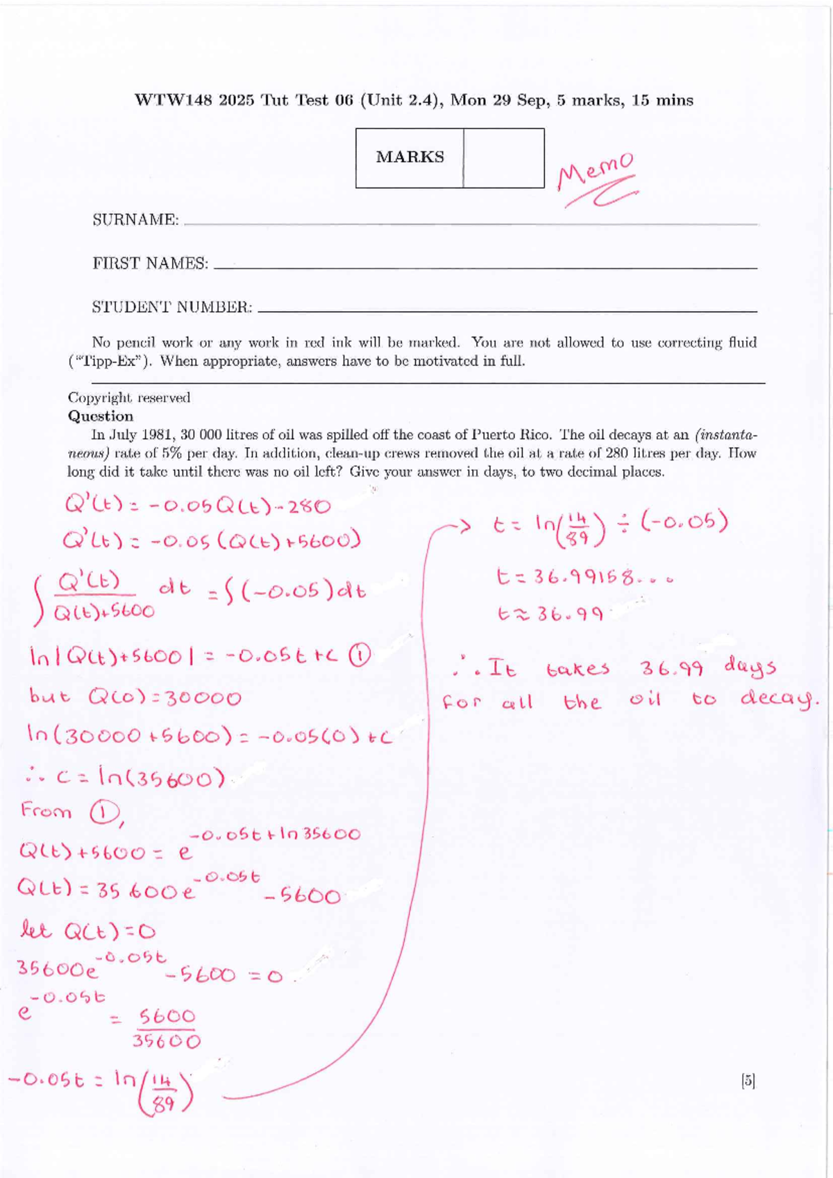 WTW148 2025 Tut Test 06 Memo - Oil Spill Decay Analysis - Studocu