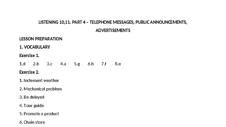Listening 10,11: Part 4 - Telephone Messages & Announcements Key - Studocu