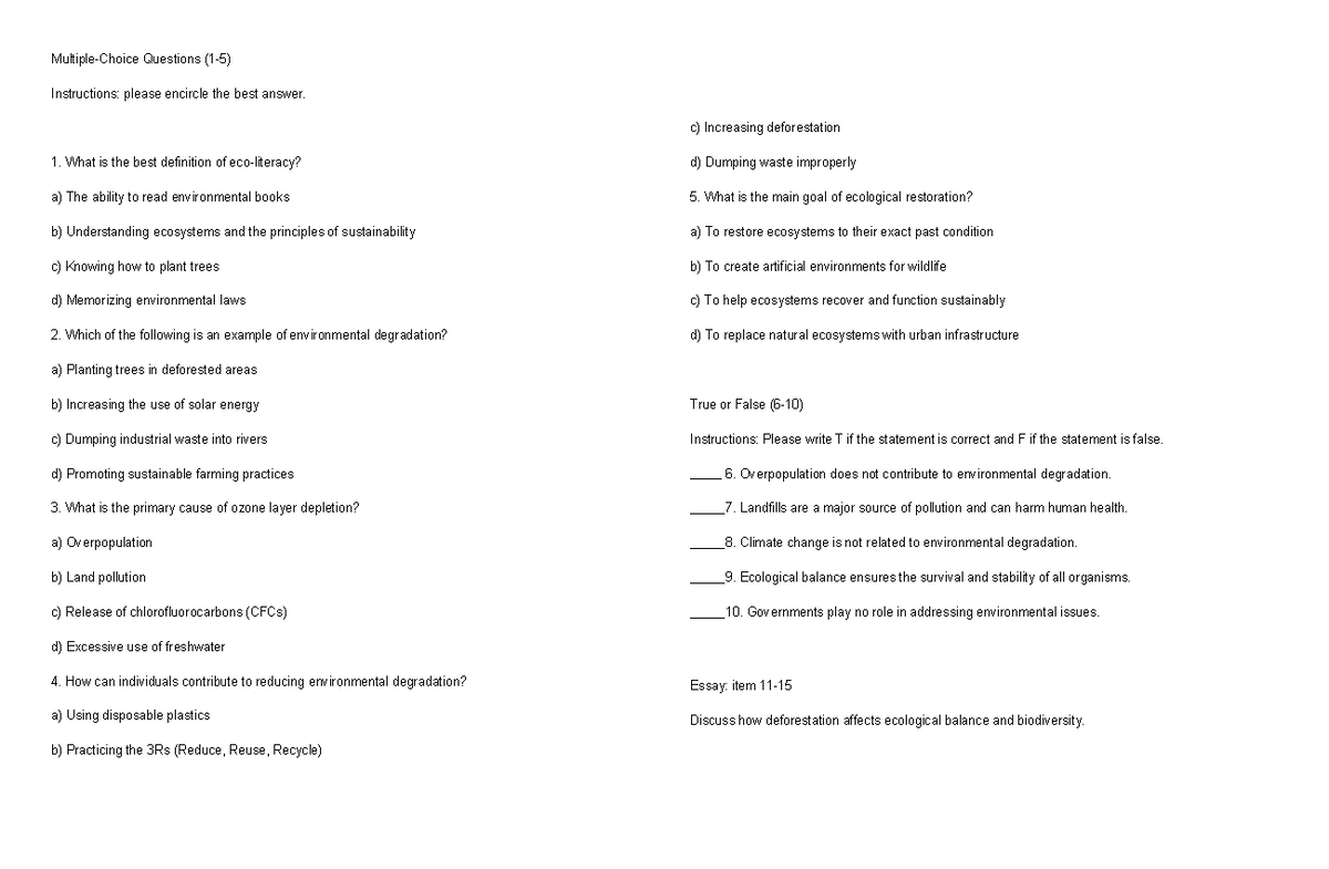 MCC 101: Eco-Literacy MCQs & Essay on Deforestation Effects - Studocu