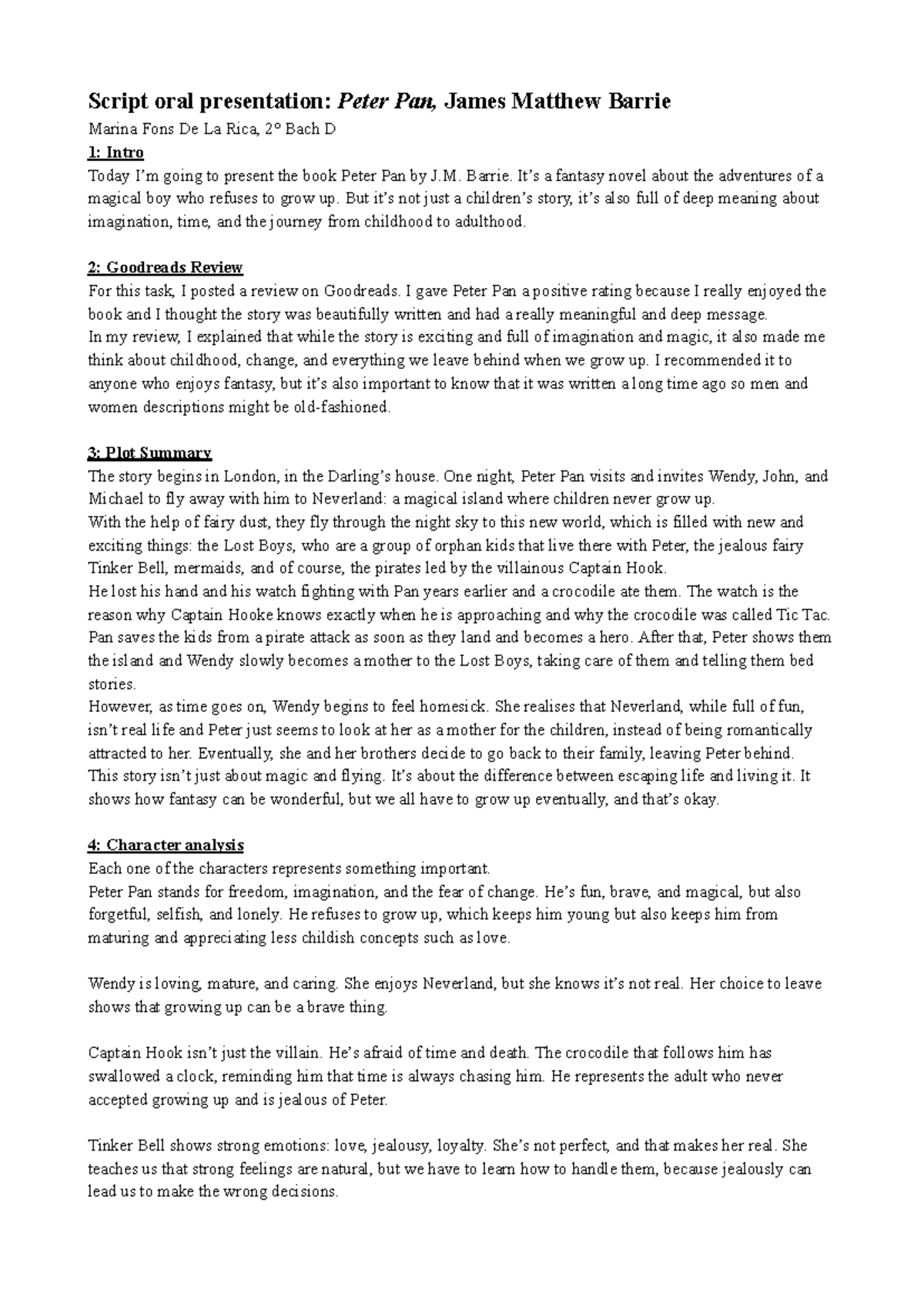 Script Oral Presentation: Peter Pan Analysis - Bach D 1: Intro - Studocu