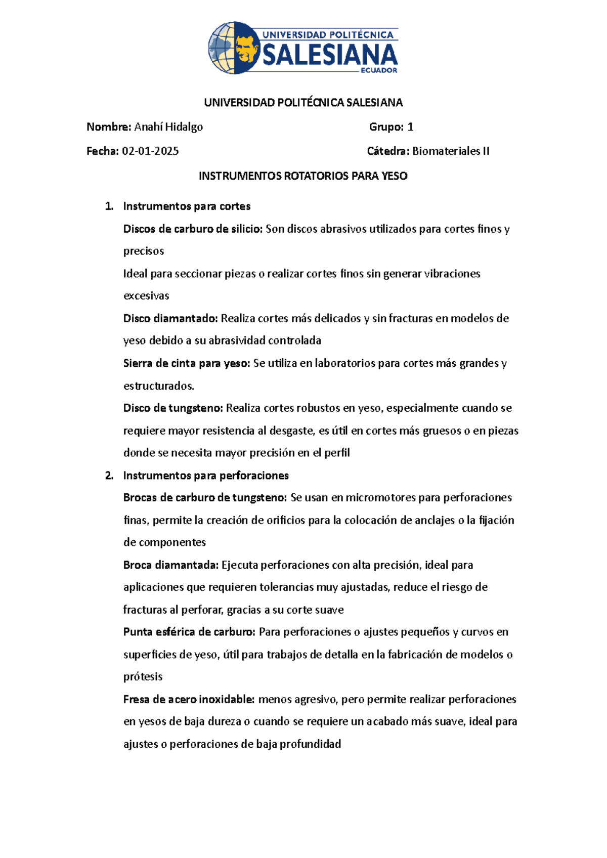 Instrumentos Rotatorios para Yeso - Biomateriales II - Studocu