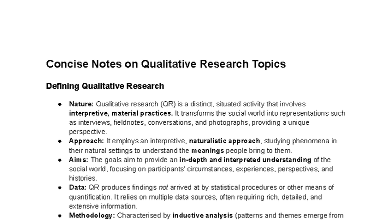 Qualitative Research Notes (QR): Understanding Methods & Analysis - Studocu