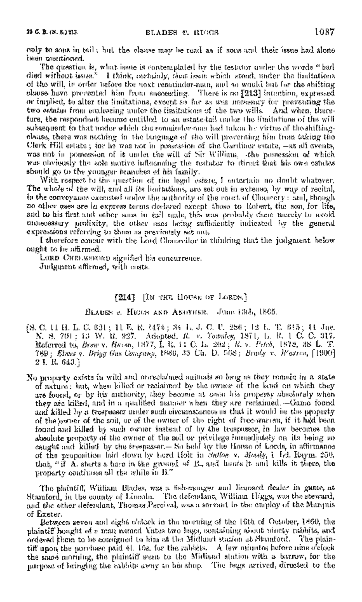Blades v Higgs 1865 - Case Law Analysis and Judgment Review - Studocu