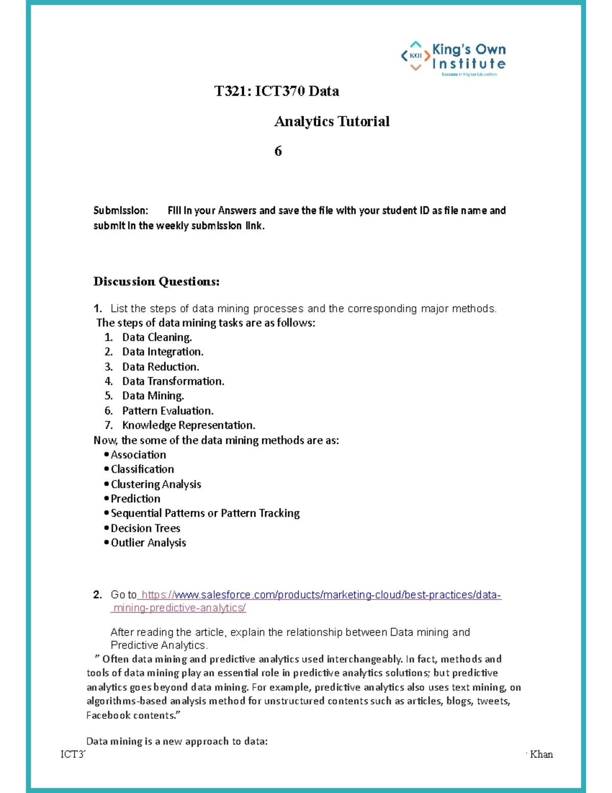 Tutorial 6 Notes for ICT370 T321: Data Mining & Predictive Analytics ...