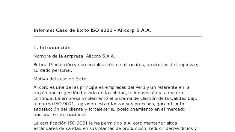 Informe de Caso de Éxito ISO 9001: Alicorp S.A.A. - PC2 - Studocu