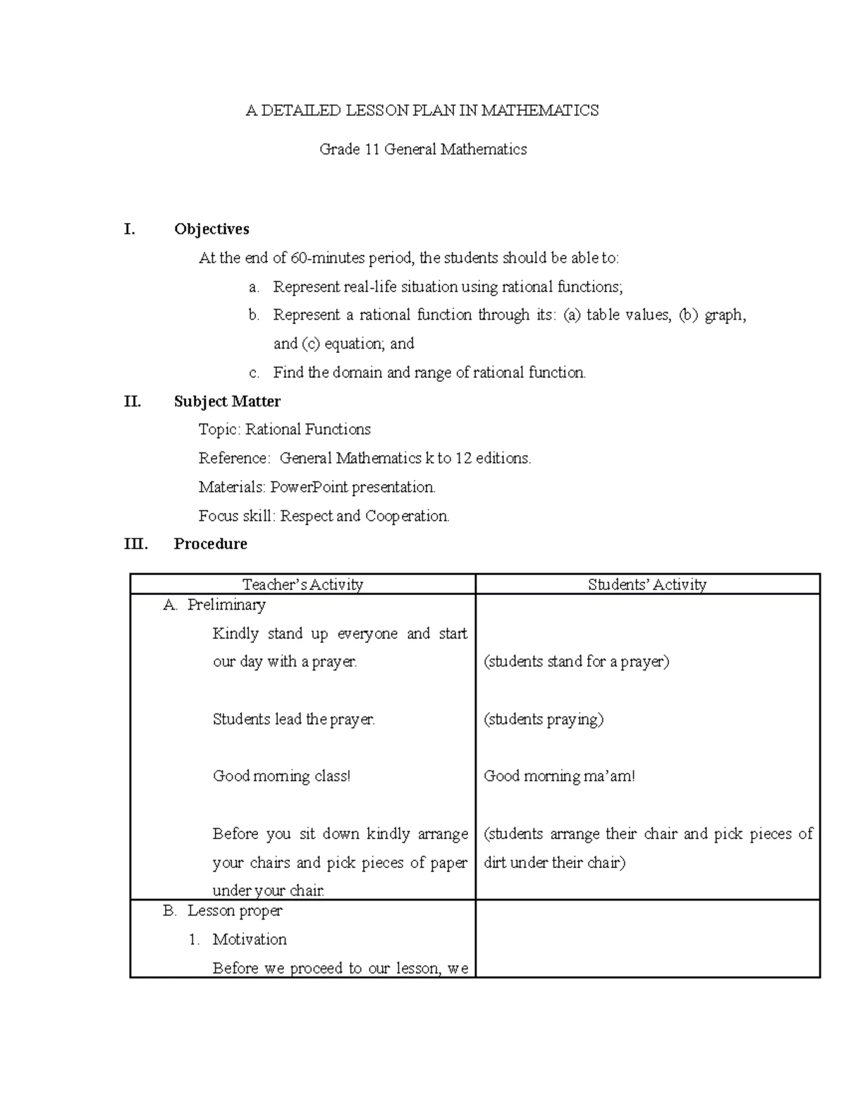Grade 11 Gen Math Detailed Lesson Plan on Rational Functions - Studocu