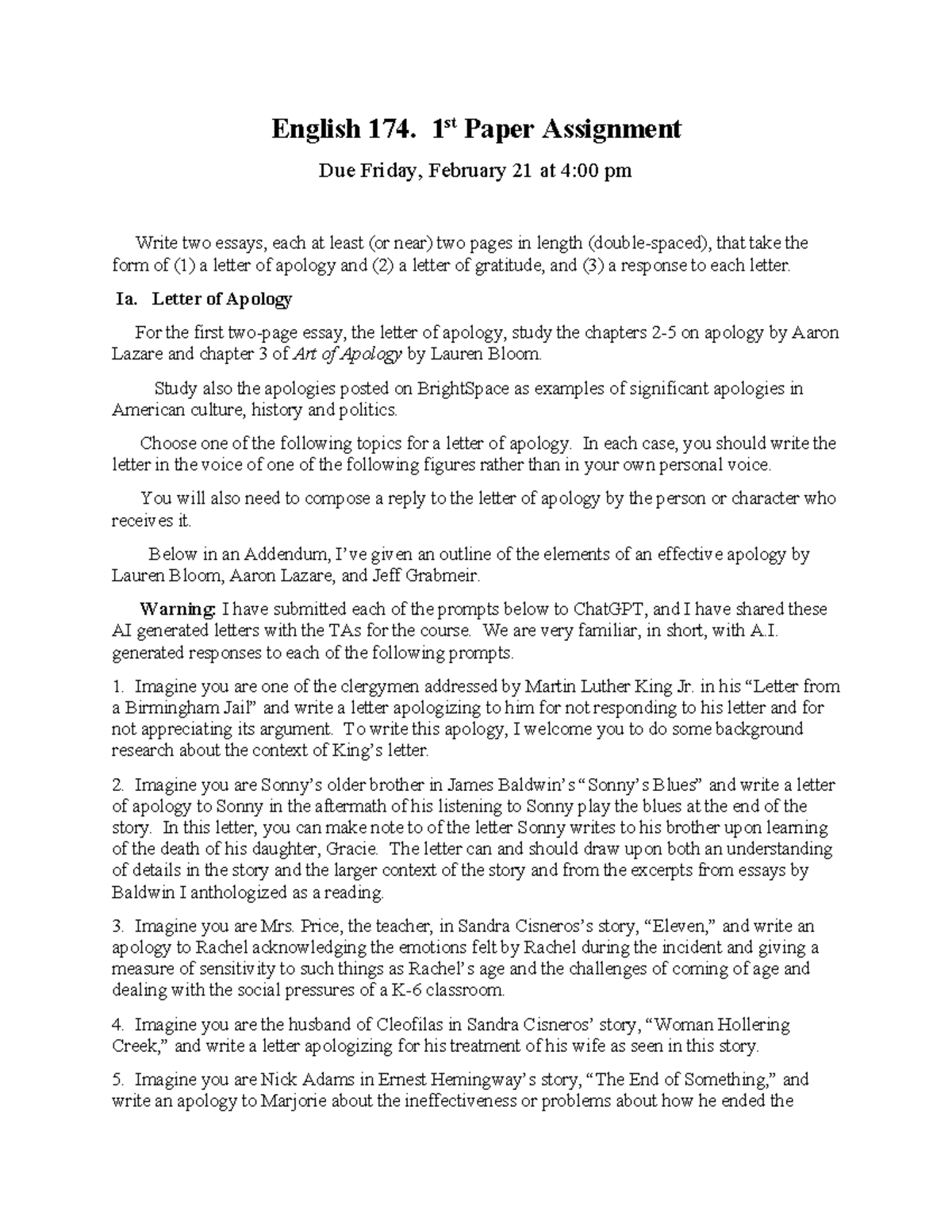 English 174: 1st Paper Assignment - Letters of Apology & Gratitude ...