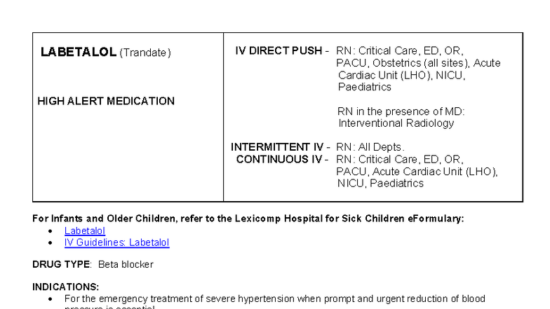 Labetalol (Trandate) IV Monograph: High Alert Med Guidelines - Studocu