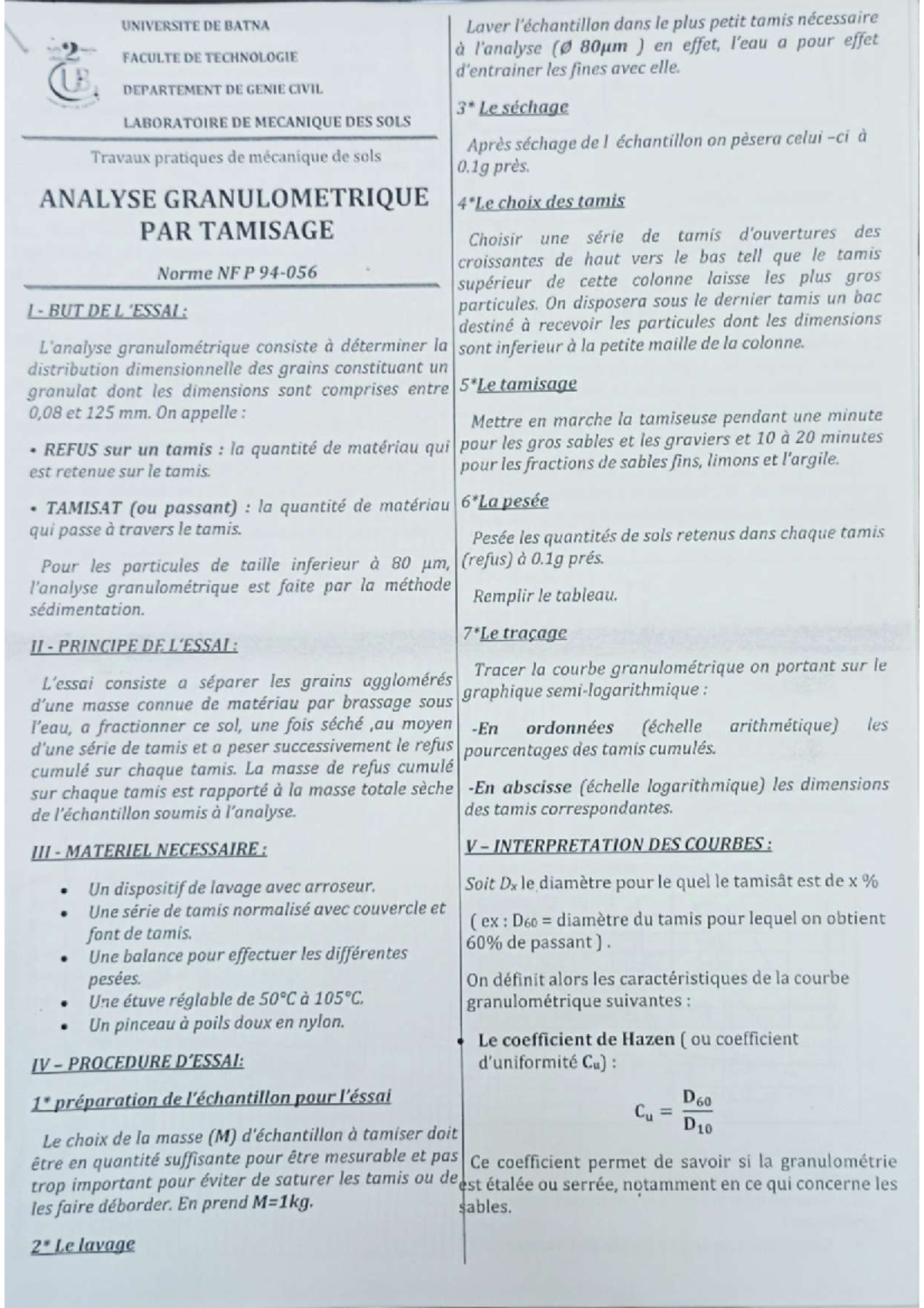TP 1 : Analyse Granulométrique Par Tamisage en Mécanique des Sols - Studocu