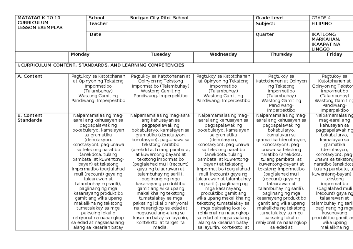 Grade 4 Q3W4 Filipino DLL: Pandiwang Imperpektibo at Talambuhay - Studocu
