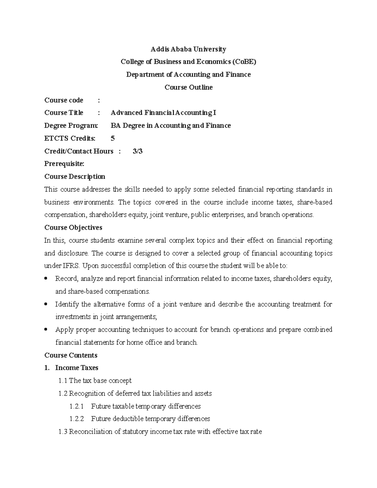 Advanced FA I Course Outline: Key Concepts in Financial Reporting - Studocu