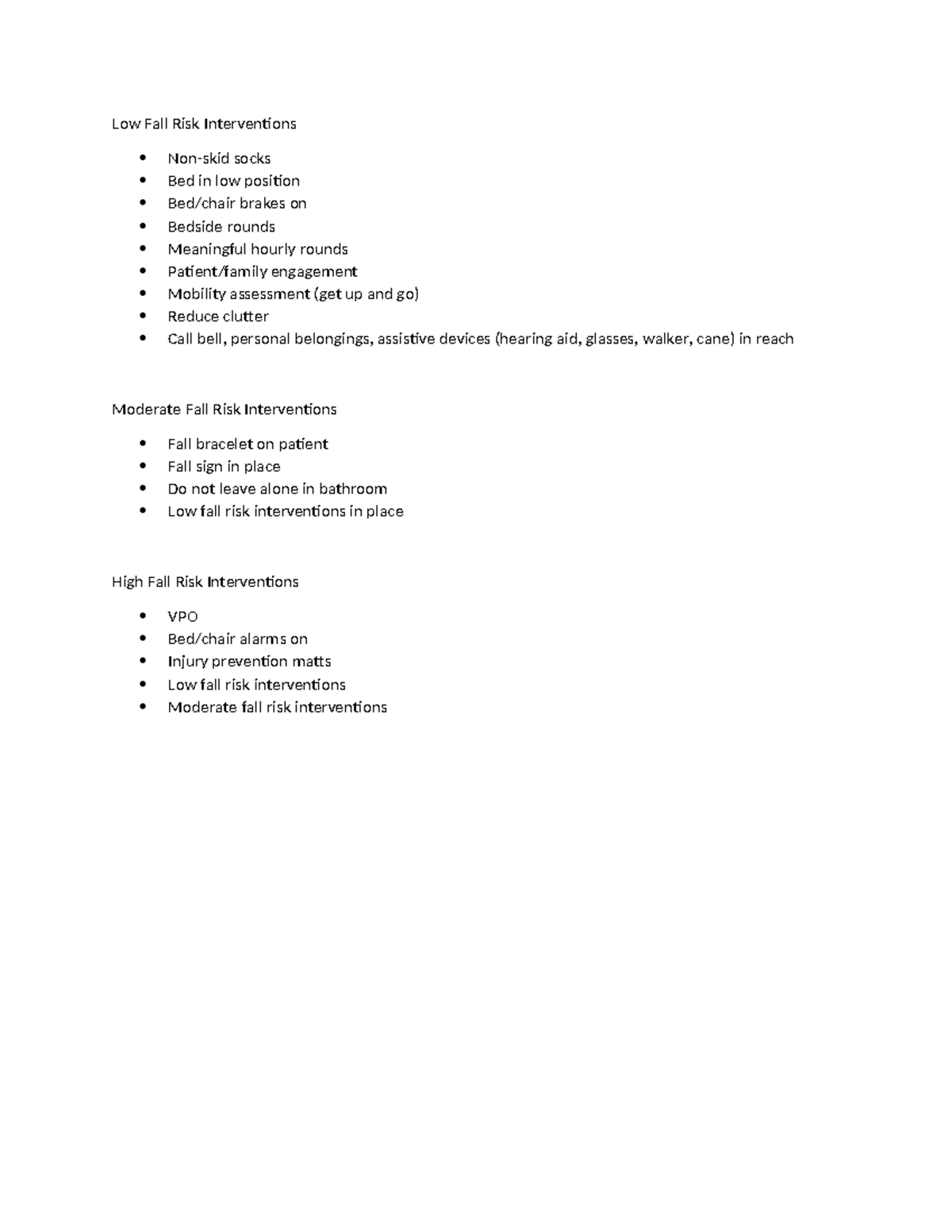 Jhfrat List of Possible Fall Risk Interventions - Studocu