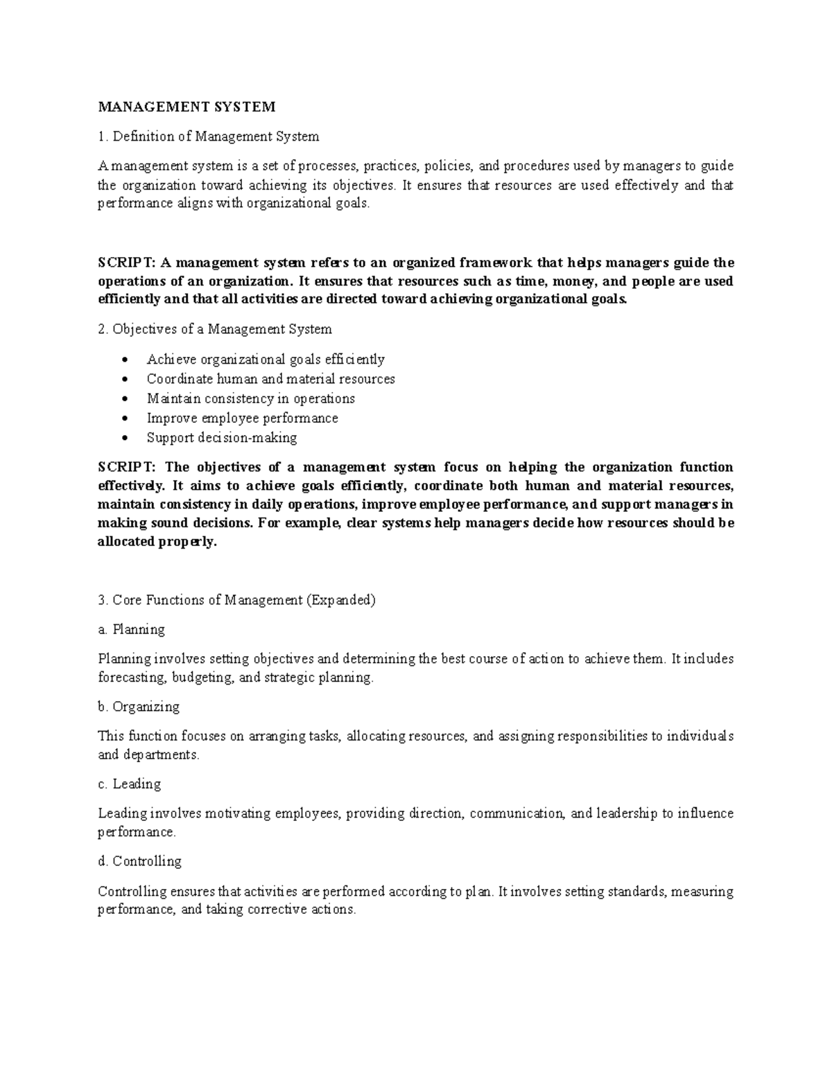 MANAGEMENT SYSTEM: Core Functions & Importance Explained - Studocu