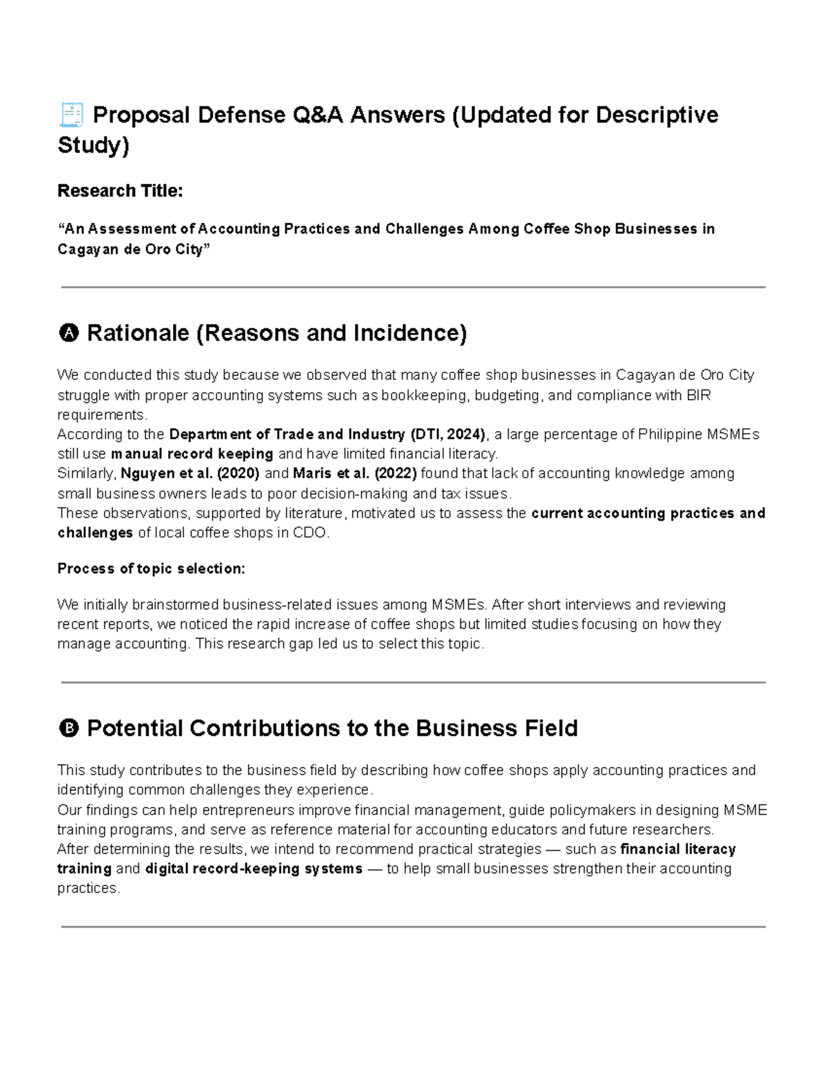 Proposal Defense Answers for Descriptive Study: Accounting Practices in CDO - Studocu